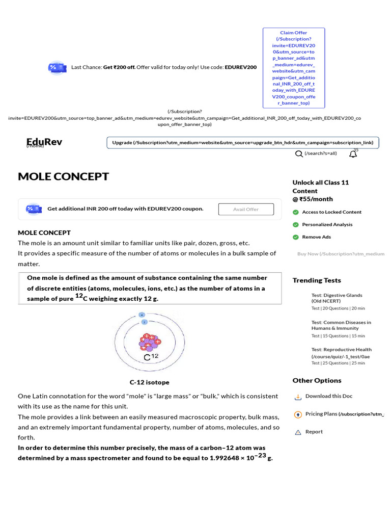 MOLE CONCEPT - Class 11 PDF Download | PDF | Mole (Unit) | Molecules