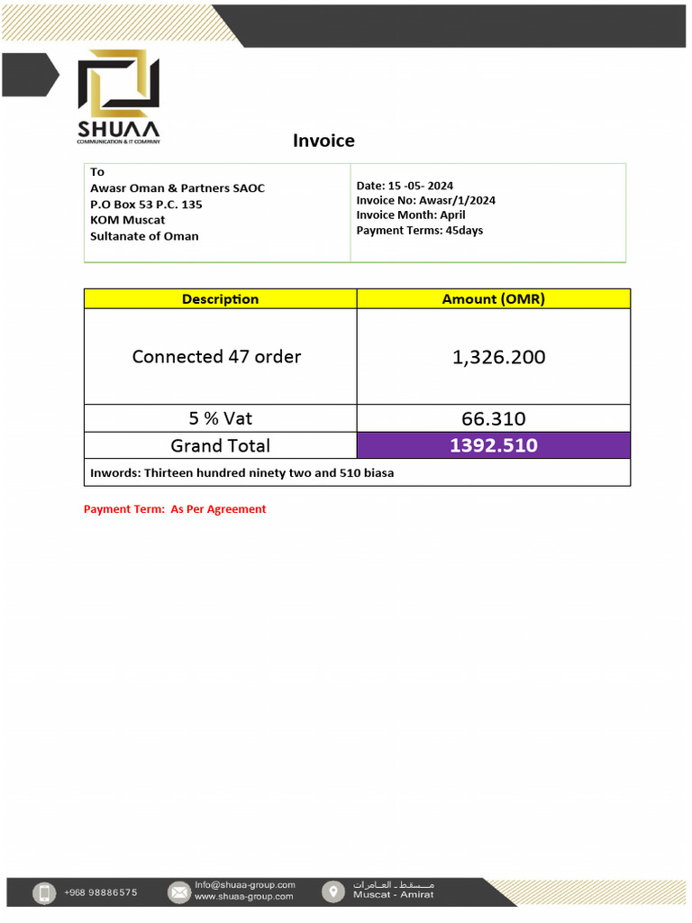 Awasr Invoice April 2024 Shuaa | PDF | Finance & Money Management