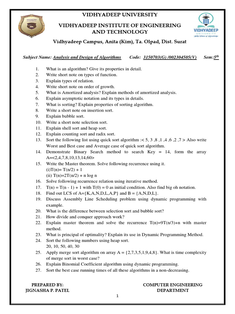 Ada (Gtu+vdu) Question Bank | PDF | Dynamic Programming | Time Complexity