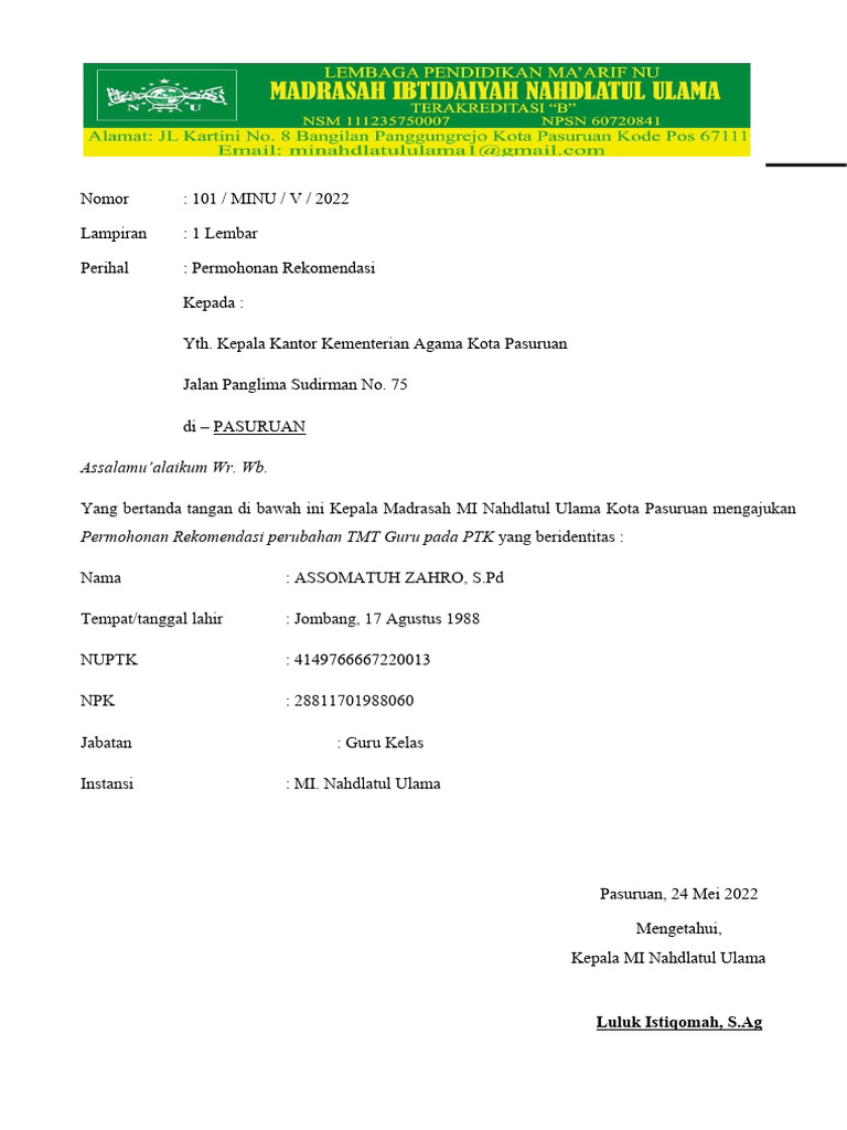 Permohonan Rekomendasi TMT Guru MI Pasuruan | PDF | Karier ...
