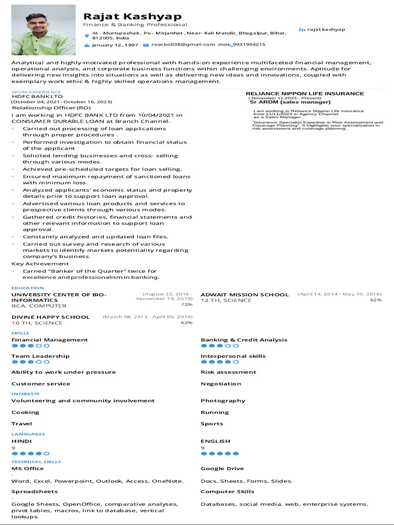 Rajat Kashyap CV | PDF | Banks | Loans