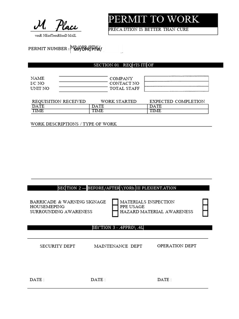 Main Place-Blank Work Permit | PDF | Personal Protective Equipment | Risk