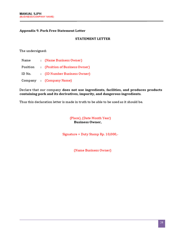 Statement Pork Free Facility (ENG Version) | PDF