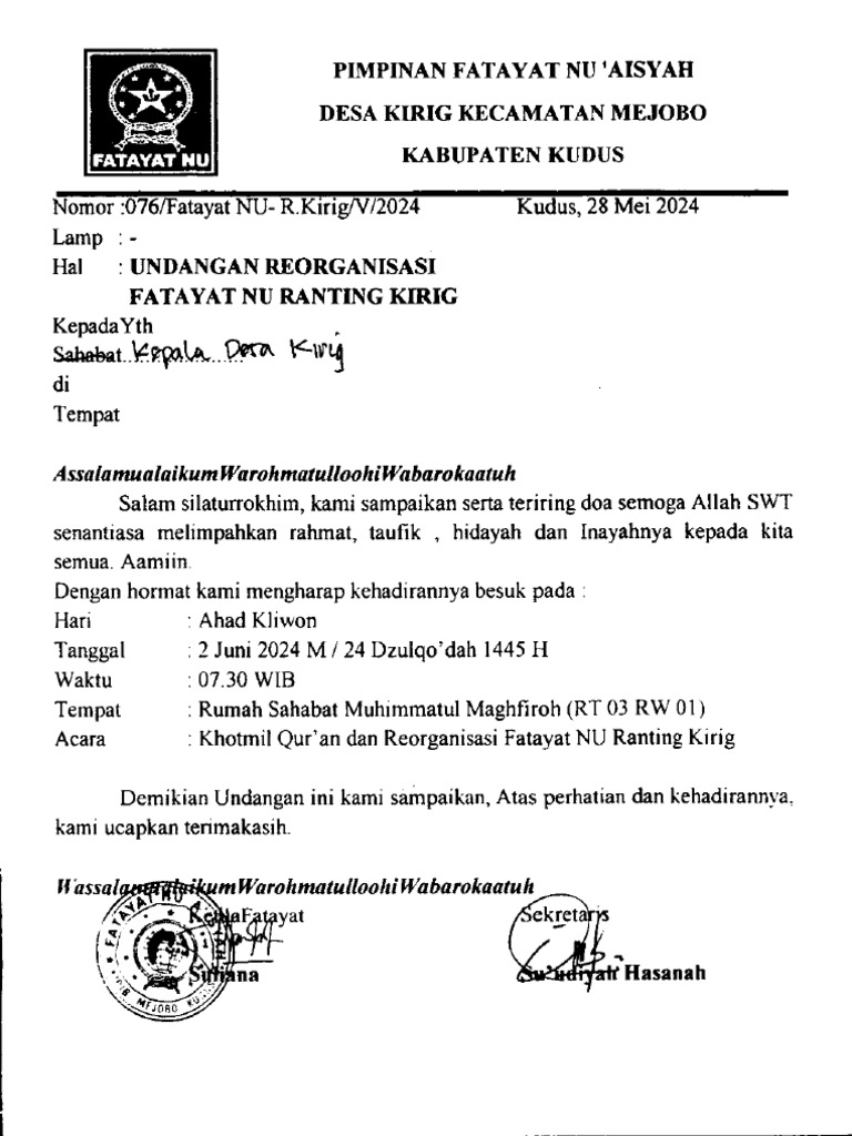 Undangan Reorganisasi Fatayat NU Kirig 2 Juni 2024 | PDF