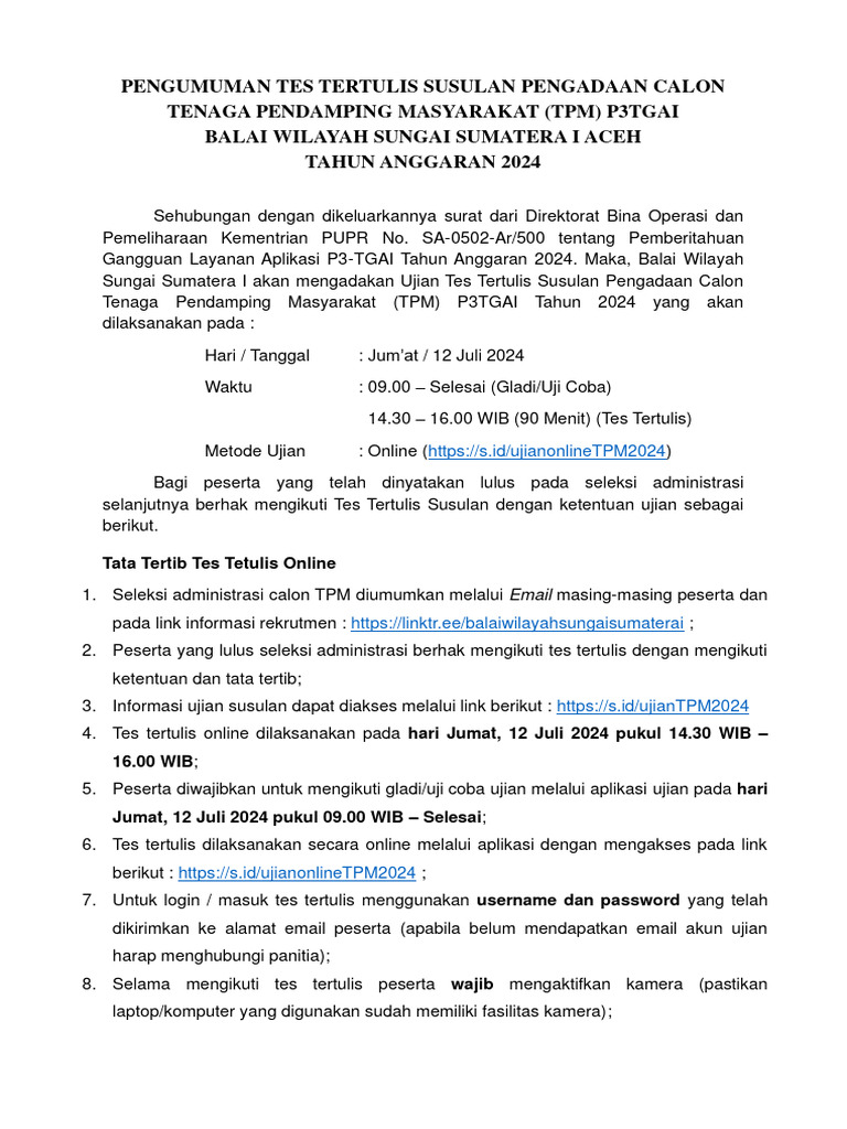 Pengumuman Tes Tertulis TPM P3TGAI 2024 | PDF | Bisnis | Teknologi ...