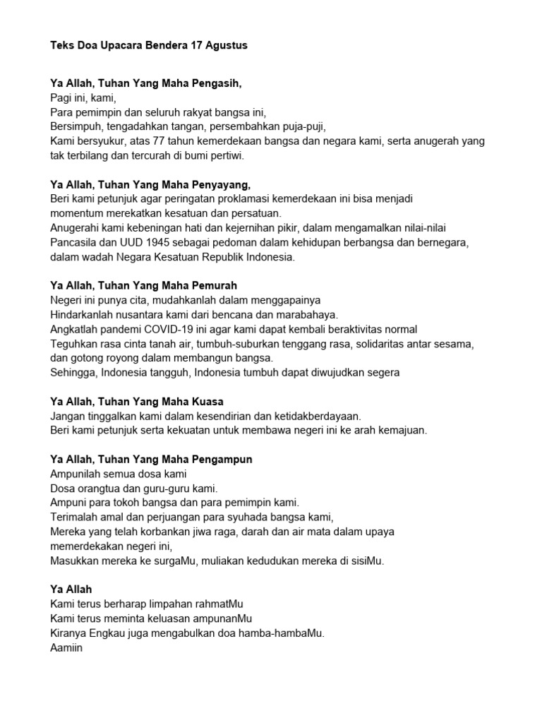 Contoh Teks Doa Upacara Bendera 17 Agustus | PDF