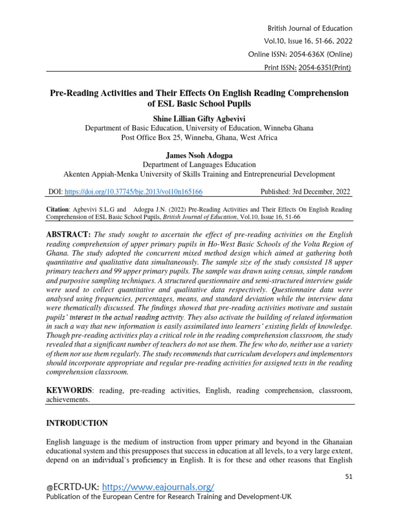 Pre Reading Activities | PDF | Reading Comprehension | Learning