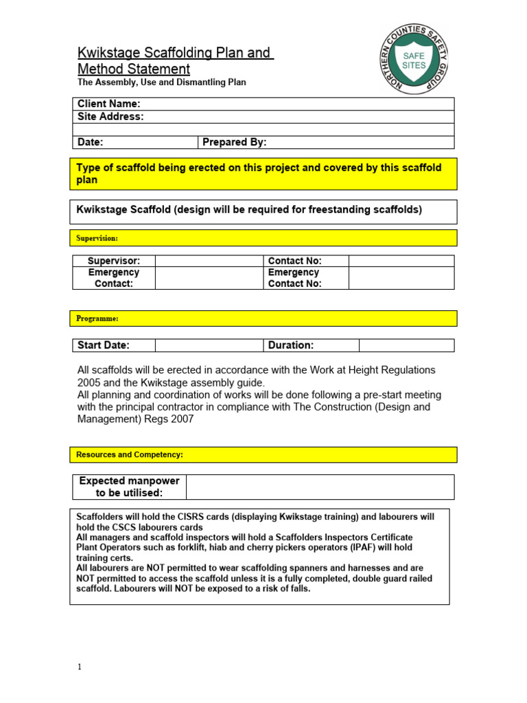 Kwikstage Scaffolding Plan and Method Statement | PDF | Scaffolding ...