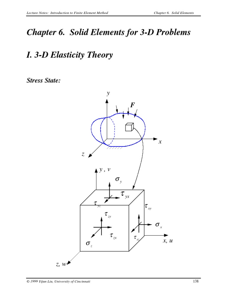 Chapter 6. Solid Elements For 3-D Problems I. 3-D Elasticity Theory | PDF