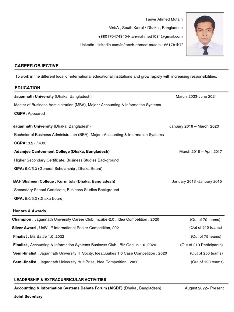 CV of Tanvir Ahmed Mutain | PDF | Computing