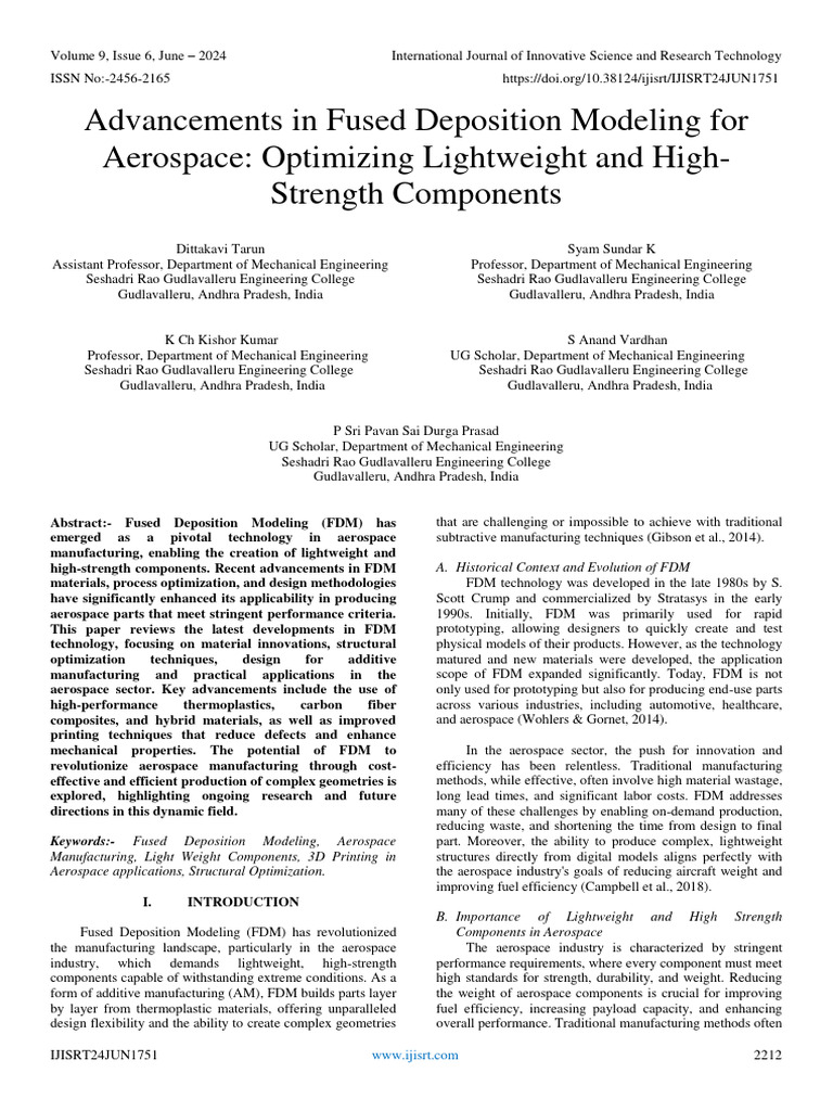Advancements in Fused Deposition Modeling For Aerospace: Optimizing Lightweight and High ...