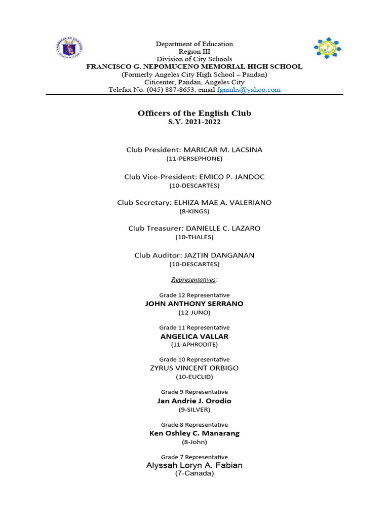 English Club Officers 2021-22 | PDF | Sports & Recreation