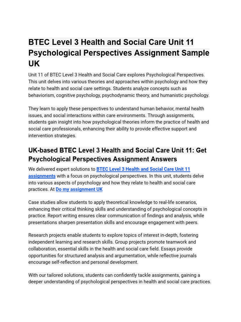 BTEC Level 3 Health and Social Care Unit 11 Psychological Perspectives ...