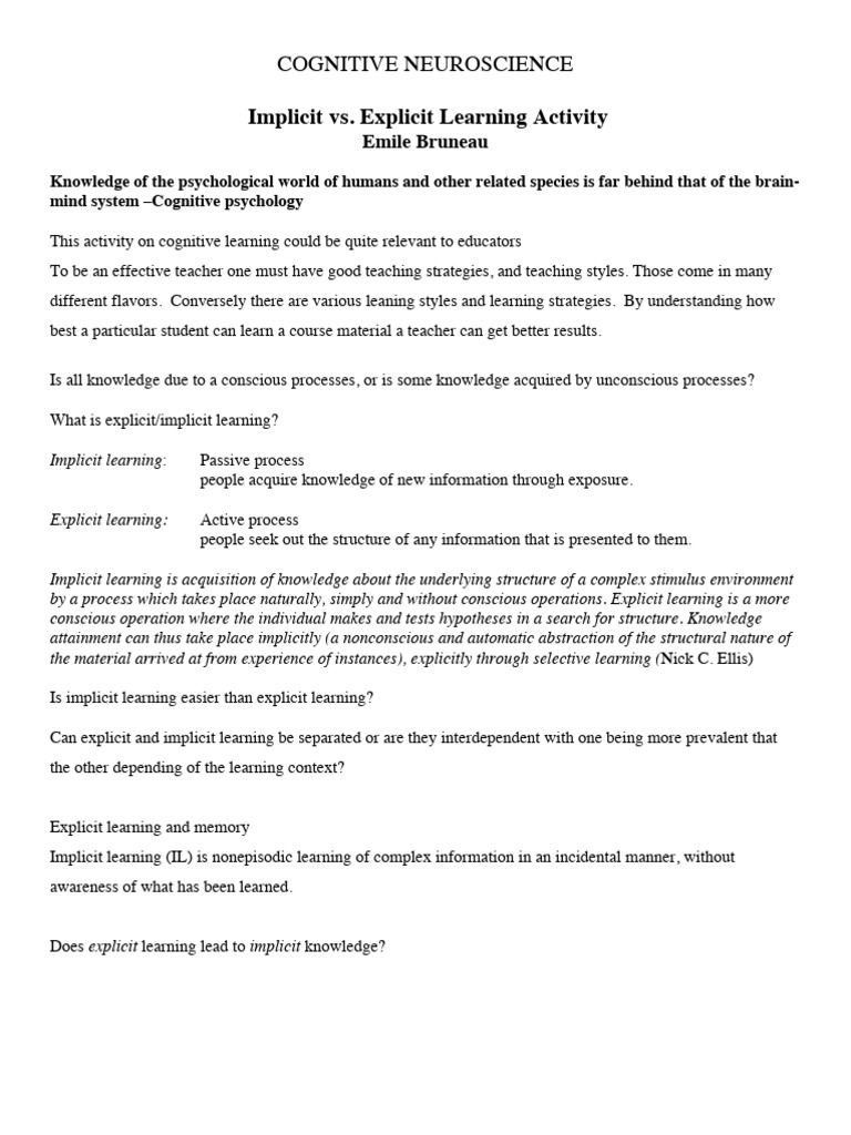 Implicit vs. Explicit Learning Explained | PDF | Functional Magnetic ...