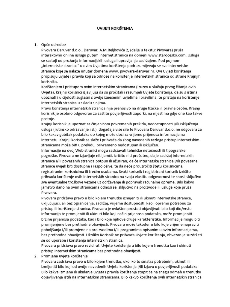 Uvijeti Koristenja Web 1 2 | PDF