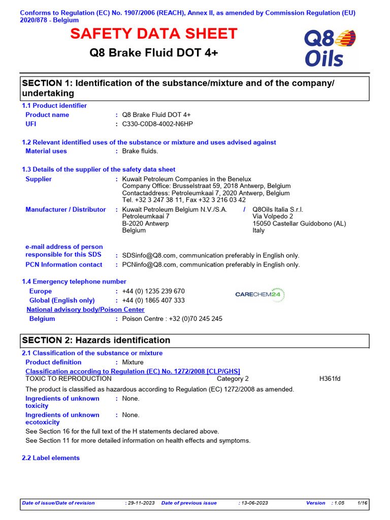 Q8 Brake Fluid DOT 4+ Safety Data Sheet | PDF | Toxicity | Occupational ...