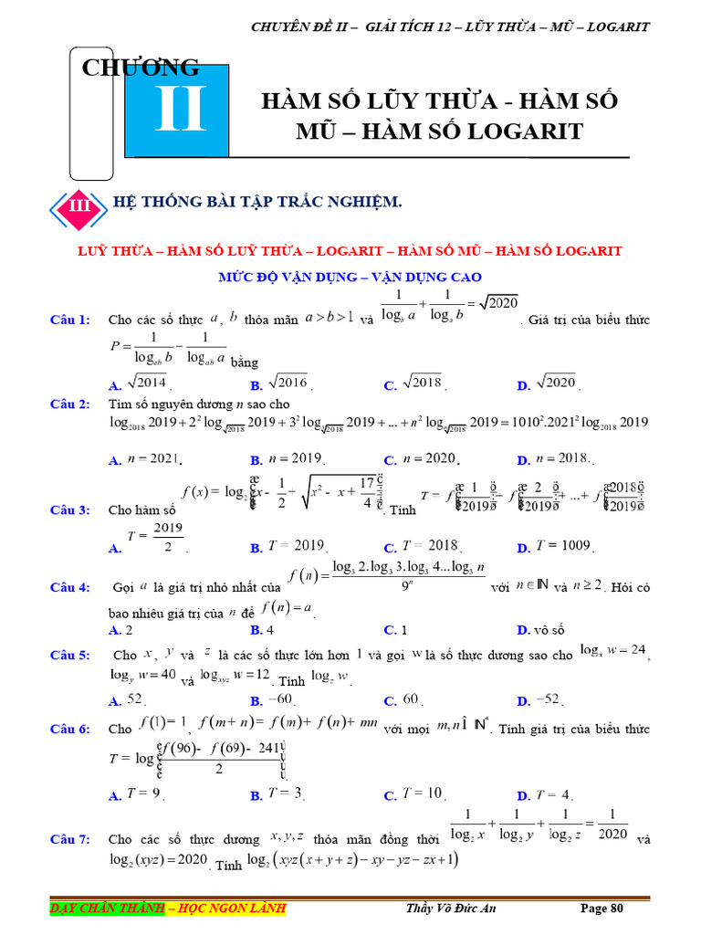 001 02 04 Gt12 Cii Mu-Logarit Bai 1,2,3,4 Bai-Tap-Trac-Nghiem-Muc9-10 de | PDF