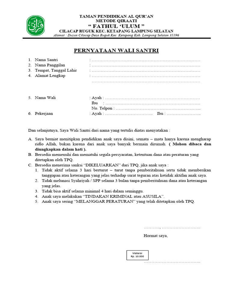 Surat Pernyataan Wali Santri TPQ | PDF