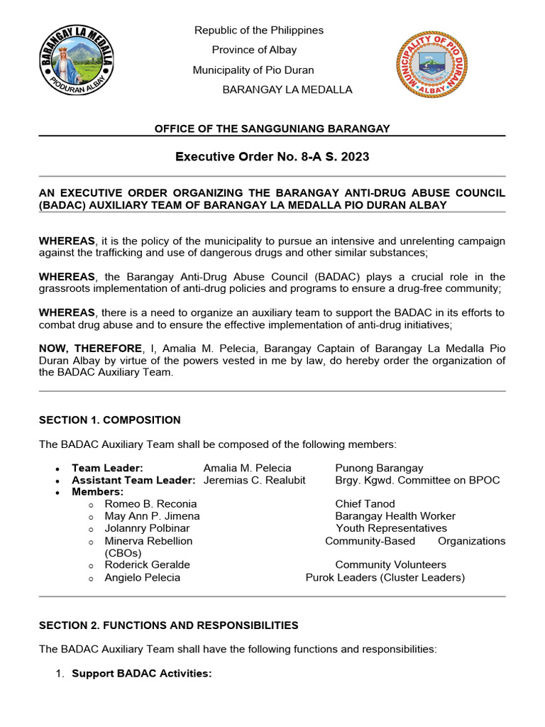 Executive Order For 8-A, 8-b | PDF | Substance Abuse