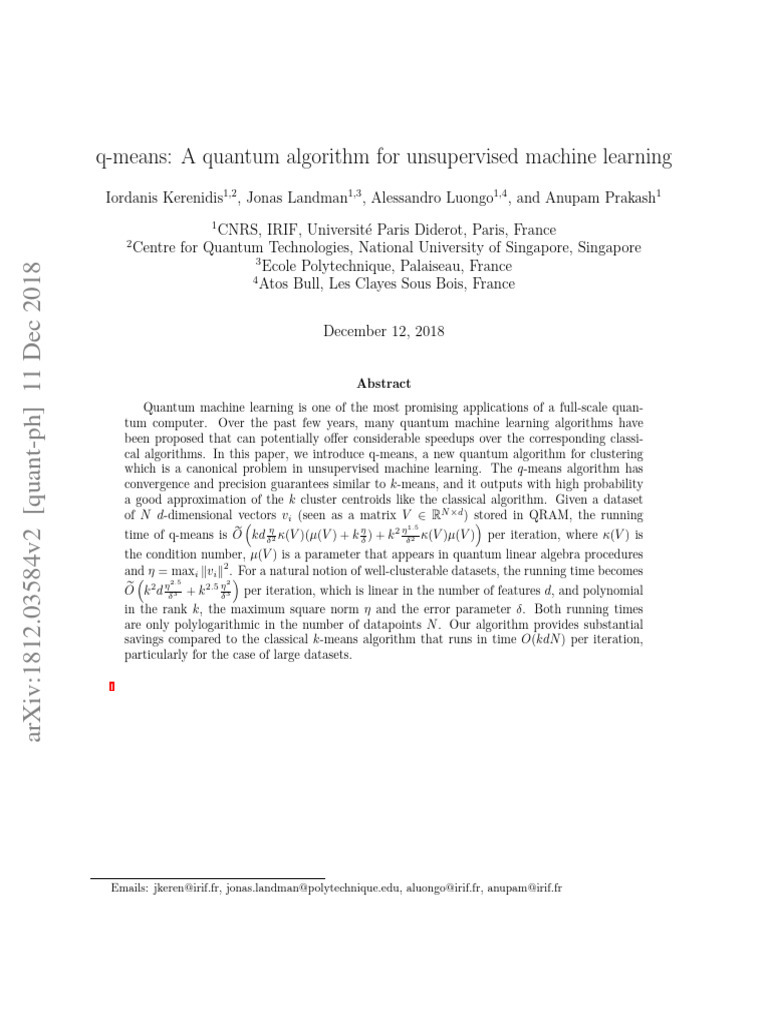 Q-Means A Quantum Algorithm For Unsupervised Machine Learning | PDF | Cluster Analysis | Matrix ...