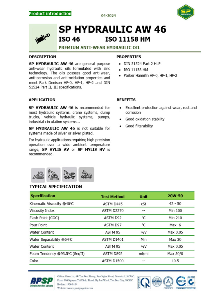 TDS SP Hydraulic AW 46 ENG 300524 | PDF | Motor Oil | Materials