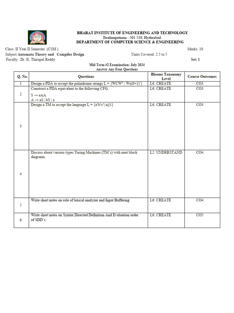 II-II CSE ACD MID-2 Descriptive QP Set 1&2 July 2024 | PDF | Automata Theory | Mathematical Logic