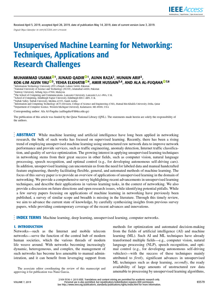 Unsupervised Machine Learning For Networking Techniques Applications and Research Challenges ...