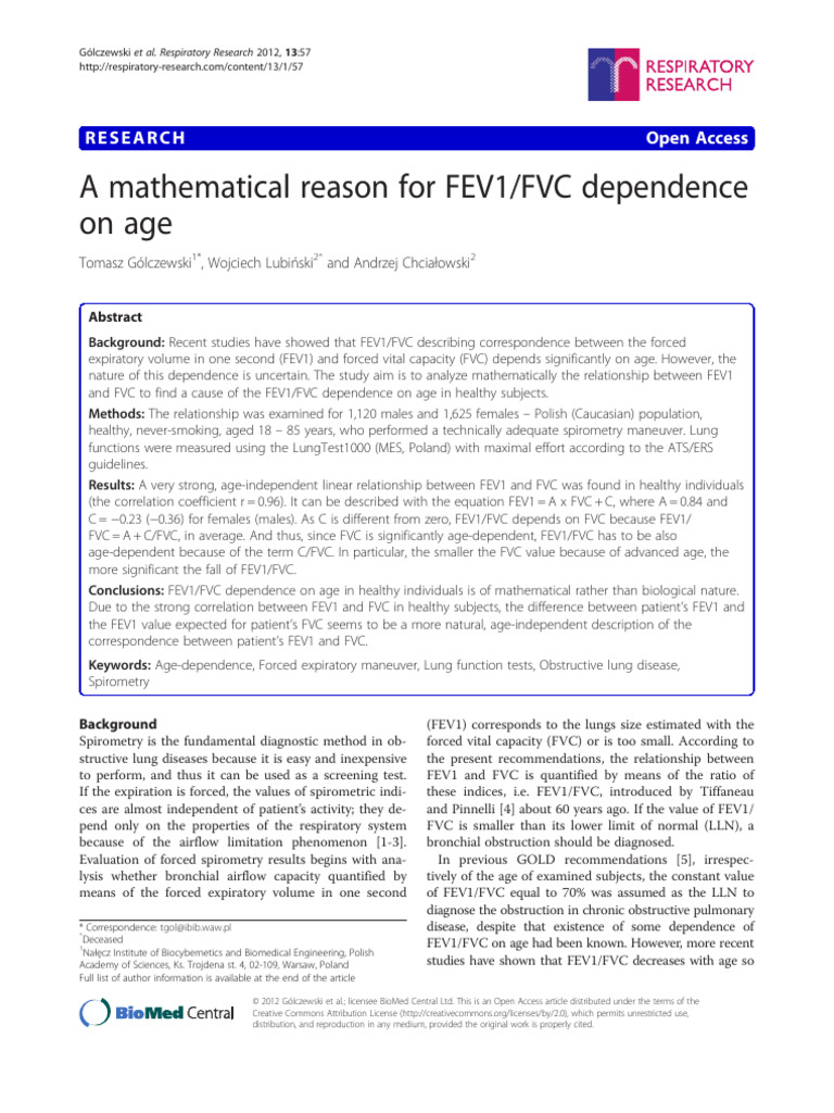 A Mathematical Reason For FEV1/FVC Dependence On Age: Research Open Access | PDF | Clinical ...