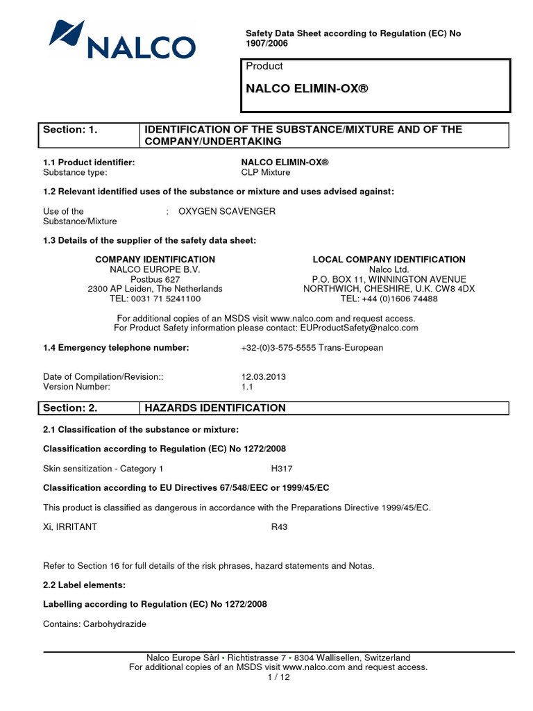 50 - SDS Nalco Eliminox | PDF | Dangerous Goods | Waste