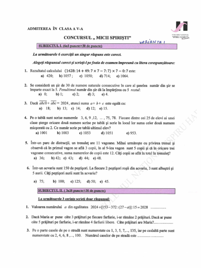 Subiect Și Barem Matematică-2 | PDF