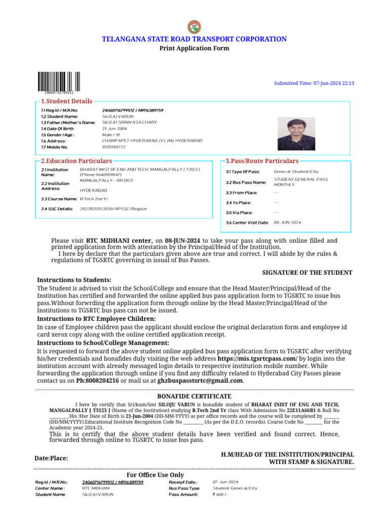 TGSRTC Bus Pass | PDF