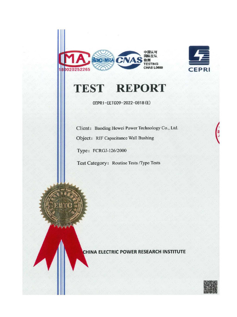 Hewei Power 126kV RIF Condenser Bushing Test Report | PDF | Insulator ...
