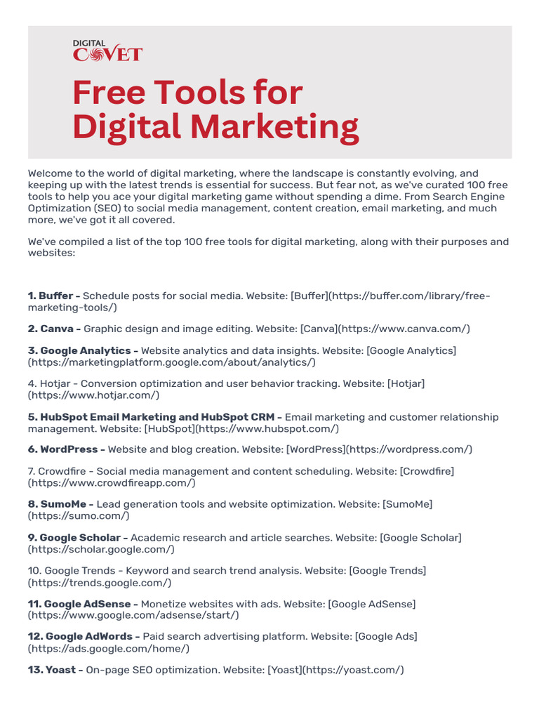Top 100 Free Tools For Digital Marketing - Digital Covet | PDF | Search Engine Optimization ...