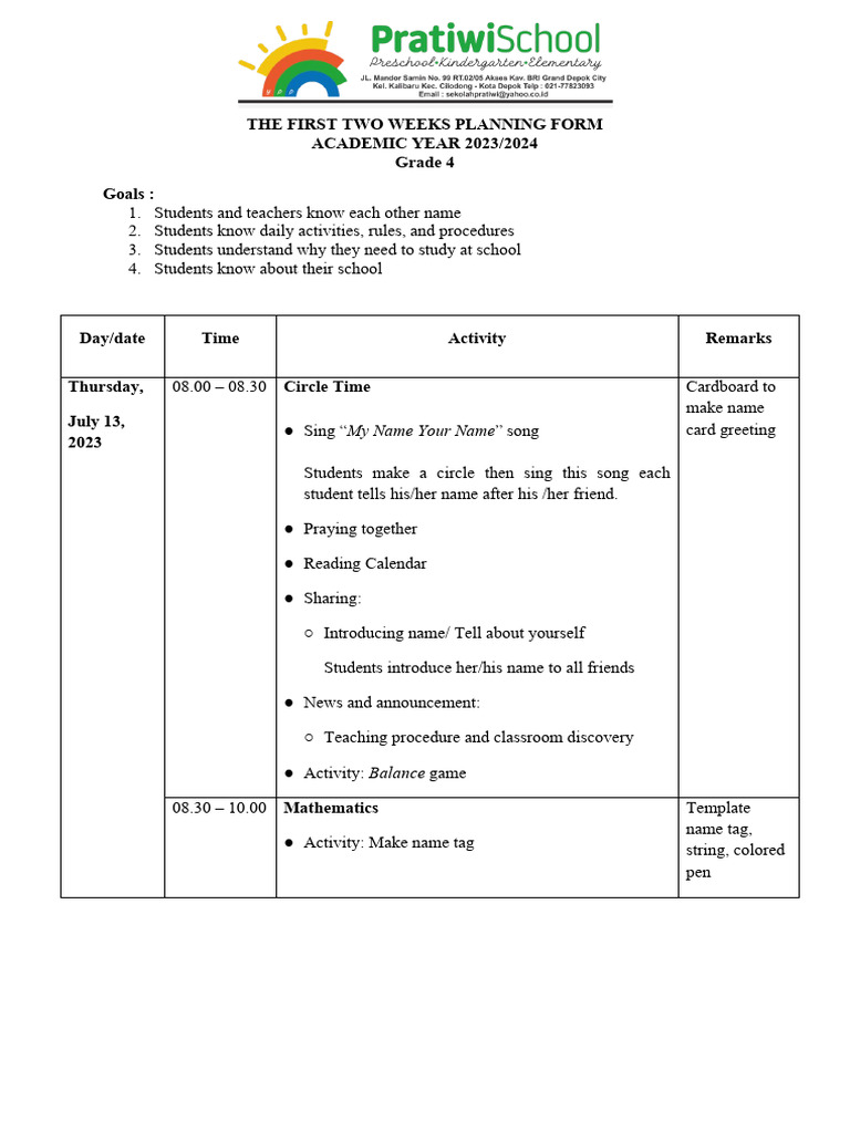EL4-Lesson Plan The First Two Weeks | PDF | Prayer | Teachers
