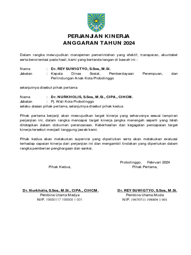 Perjanjian Kinerja Dinsos Probolinggo 2024 | PDF | Ilmu Sosial