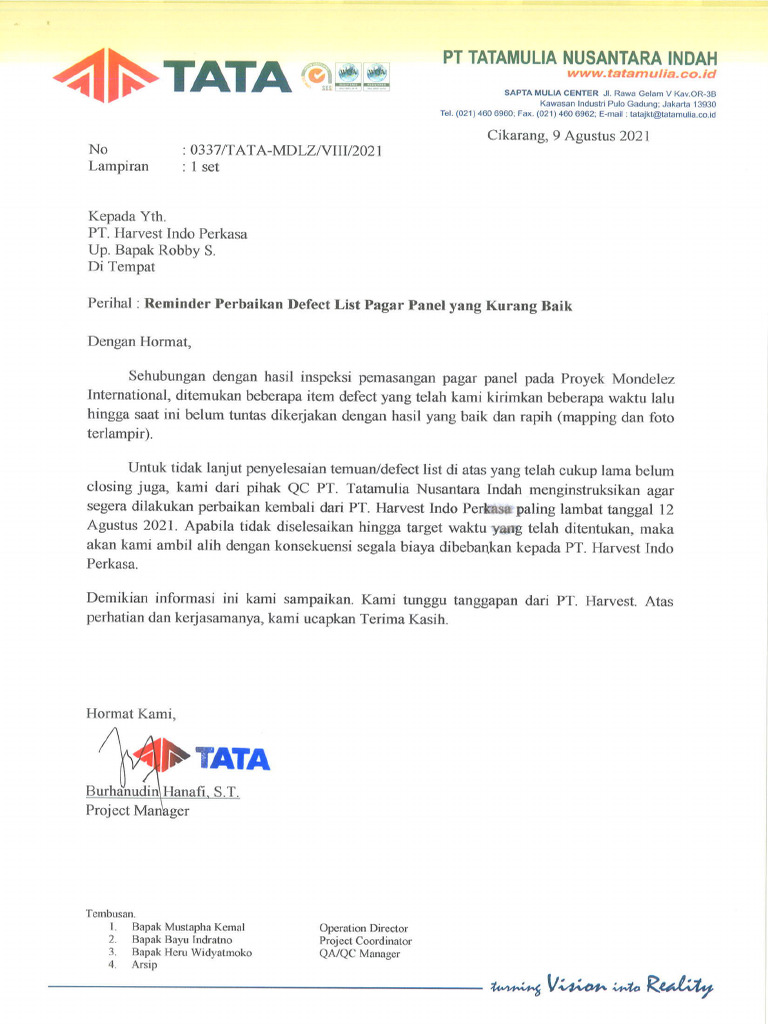 PT. Harvest Indo Perkasa (Reminder Perbaikan Defect List Pagar Panel ...