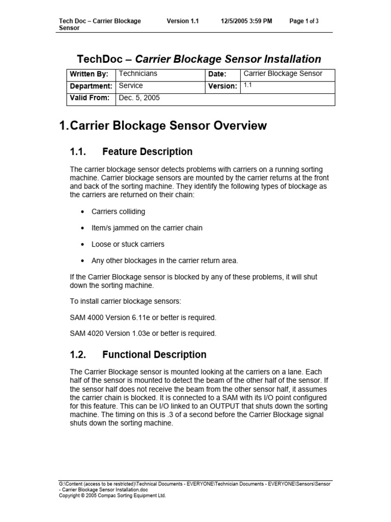 Carrier Blockage Sensor Installation Guide | PDF | Sensor | Computer ...
