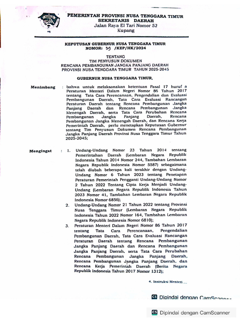 SK Tim Penyusun RPJPD Provinsi NTT | PDF