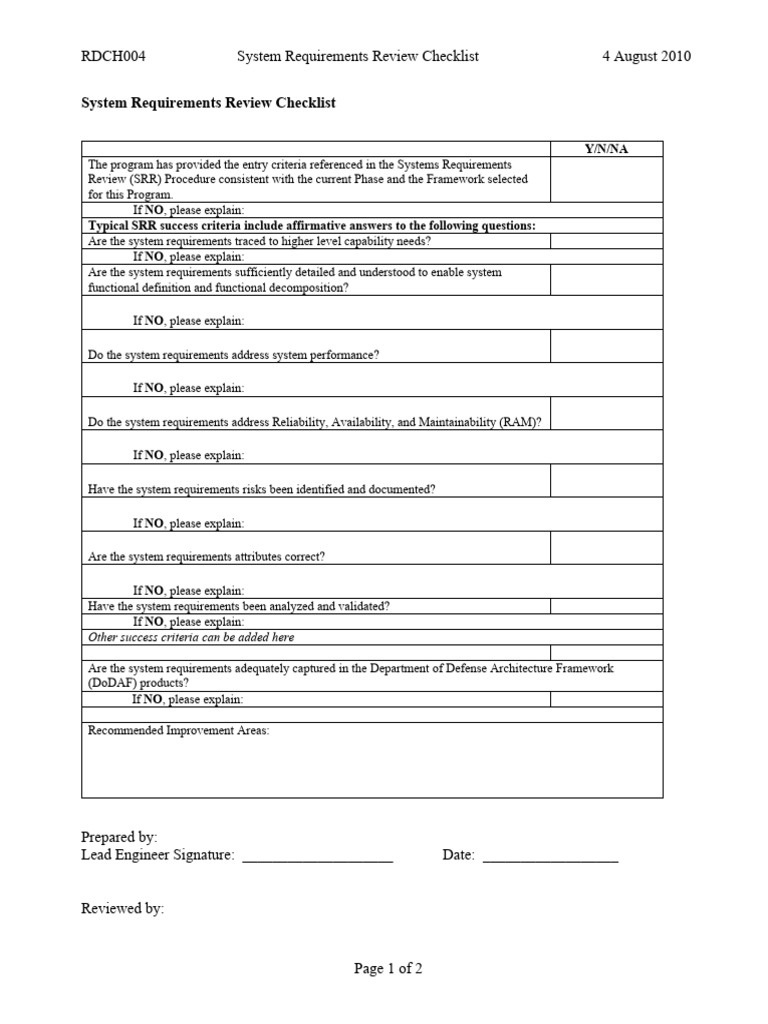 System Requirements Review Checklist | PDF