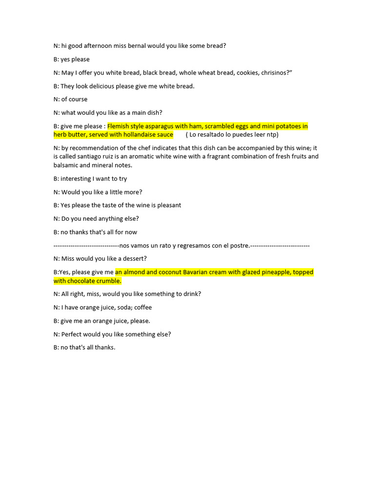 Lunch Order Dialogue with Dessert Choices | PDF