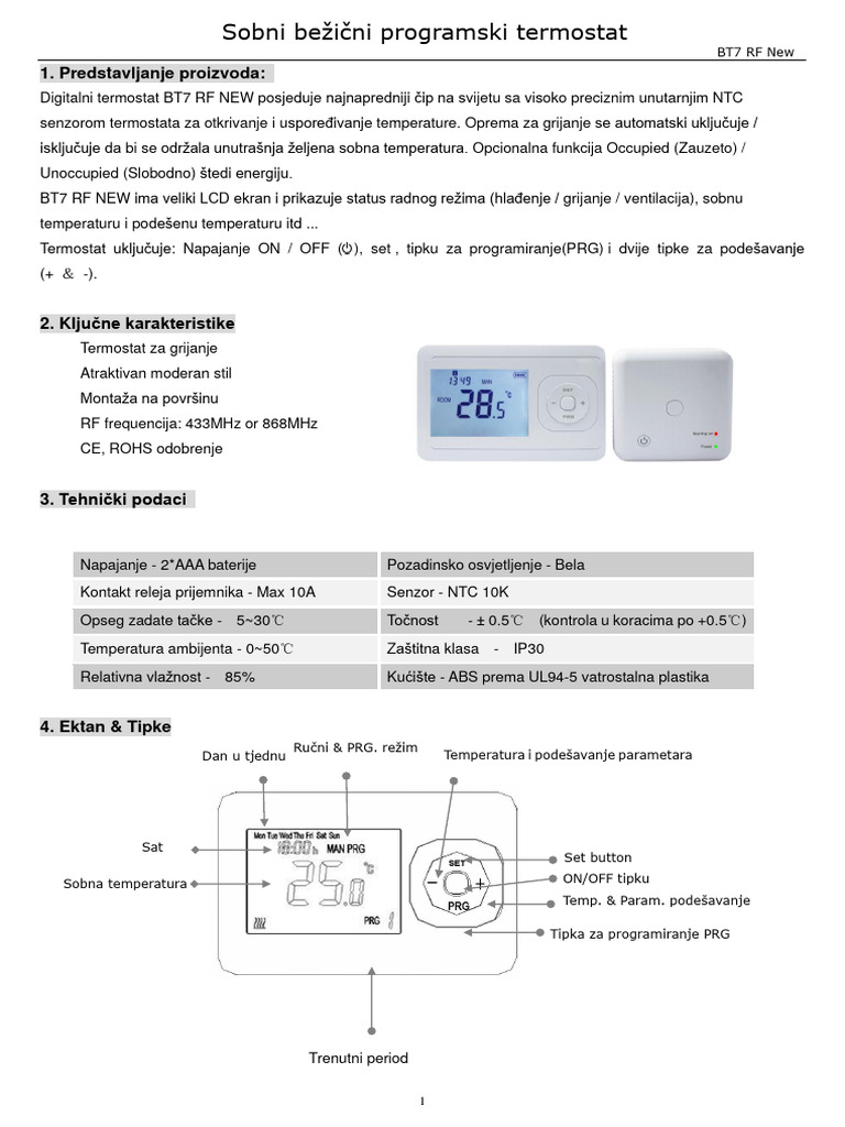 Sobni Termostat Bergen BT7 RF - Upute Za Korištenje | PDF