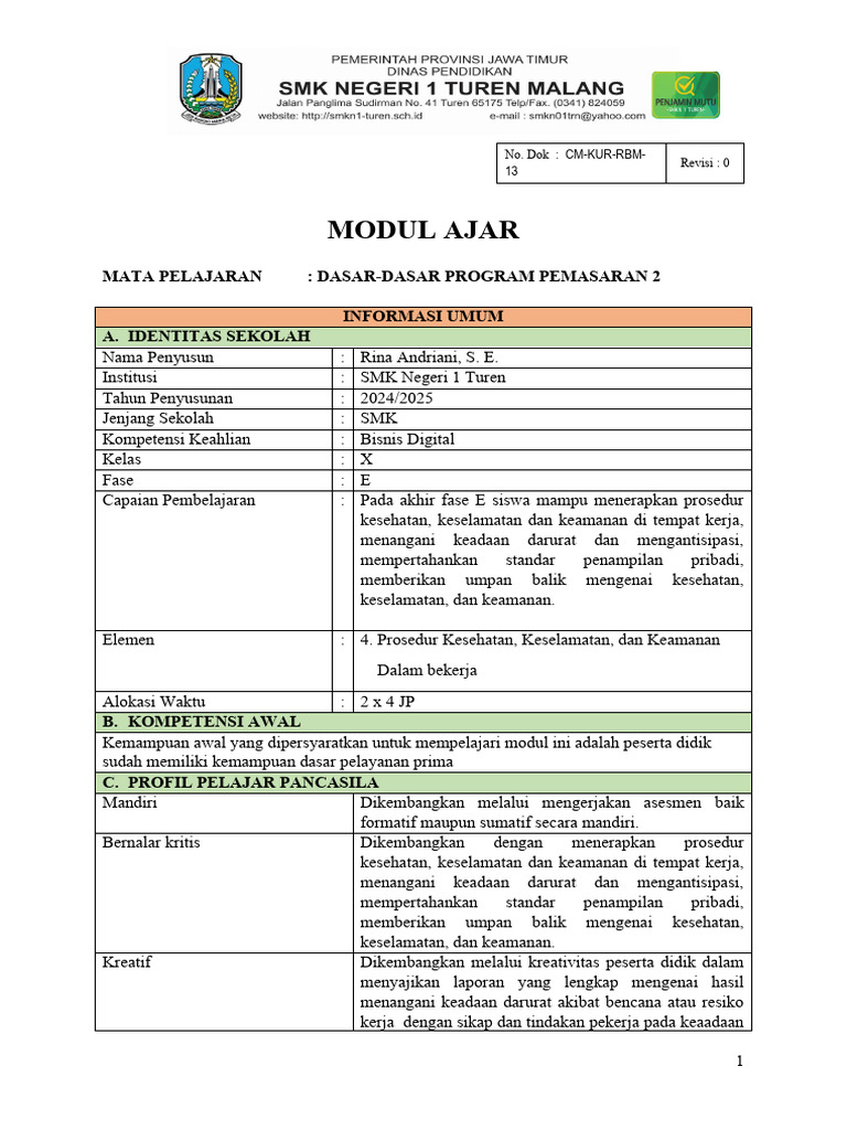6 - MODUL AJAR ELEMEN 4 - Standar Penampilan - PJBL 4x2 Pertemuan | PDF ...