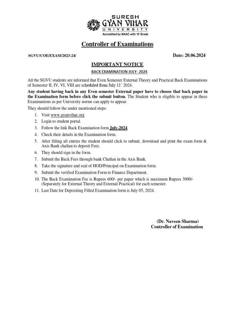 Back Exam Notice for July 2024 | PDF | Business | Finance & Money ...