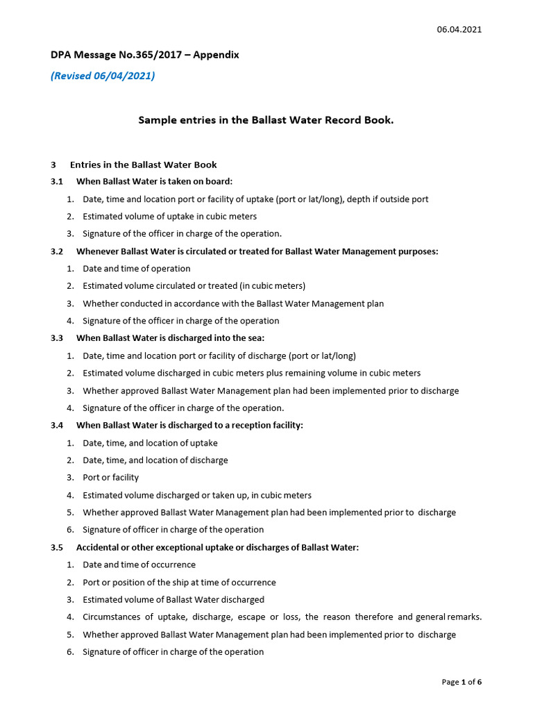 Ballast Water Record Book Samples | PDF | Water