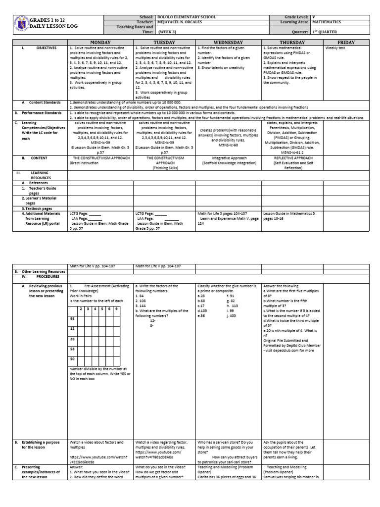 DLL Mathematics 5 q1 w3 | PDF | Constructivism (Philosophy Of Education ...