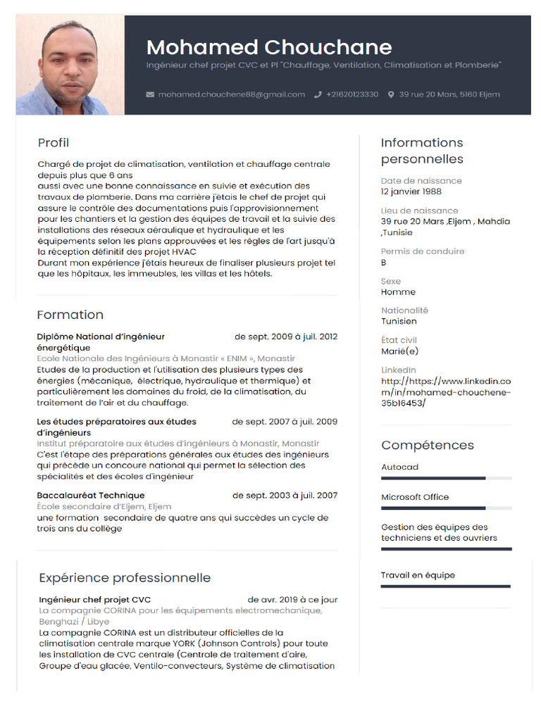 CV Chouchane Mohamed Ingenieur Chef Projet CVC Et PL | PDF