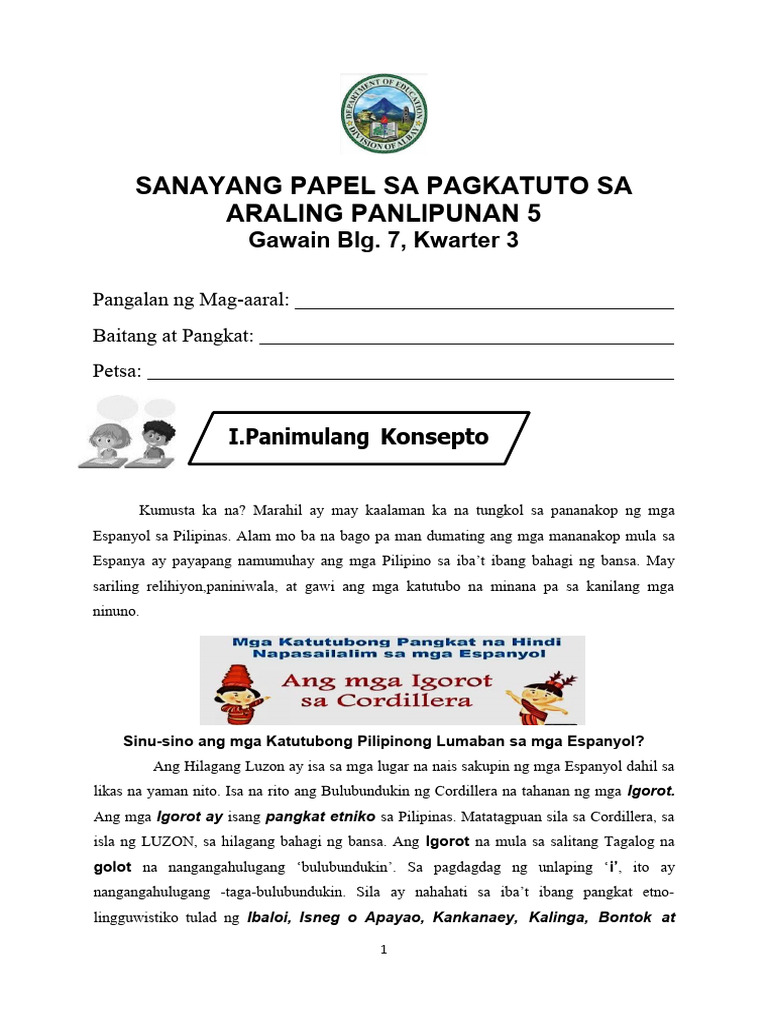 Sanayang Papel Sa Pagkatuto Sa Araling Panlipunan 5: Gawain Blg. 7, Kwarter 3 | PDF
