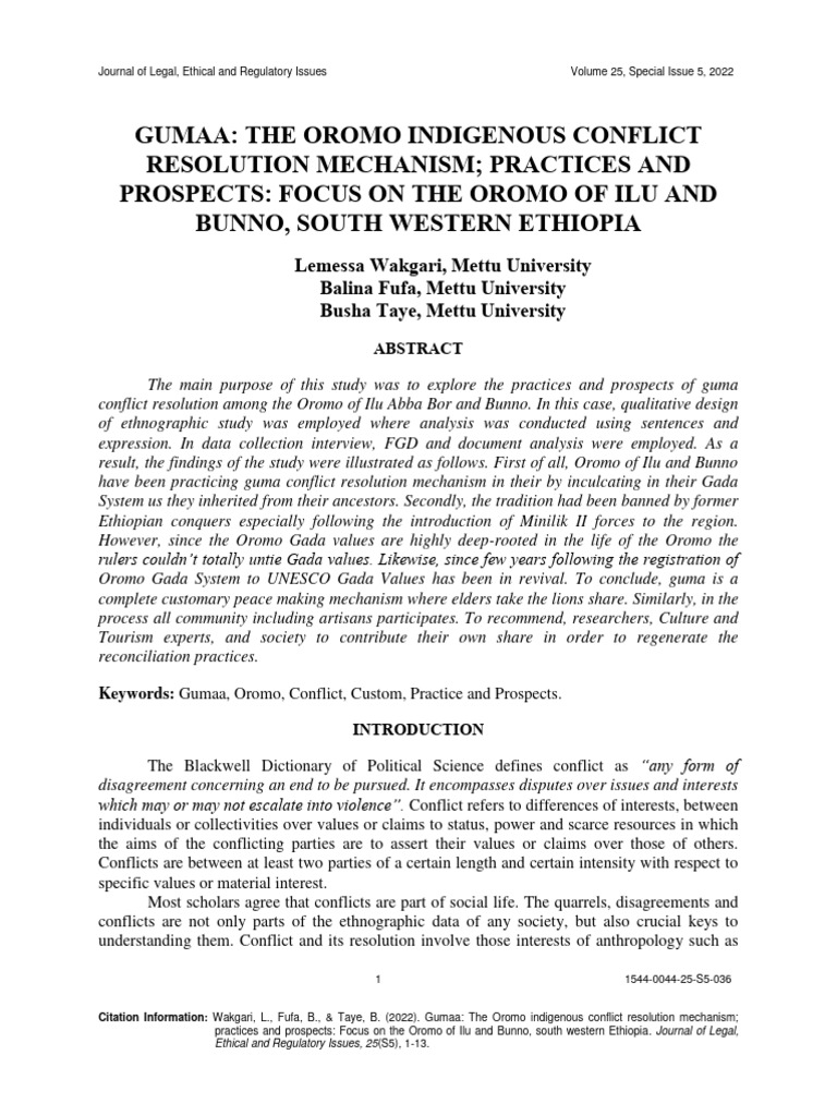 Gumaa The Oromo Indigenous Conflict Resolution Mechanism 1544 0044 25 S5 036 | PDF | Qualitative ...