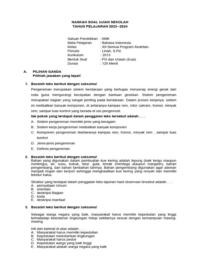 Naskah Soal Ujian Sekolah B.indo 2024 | PDF | Ilmu Sosial | Perjalanan