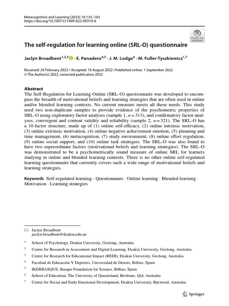 The Self Regulation For Learning Online (SRL O) Questionnaire | PDF | Metacognition | Cognition